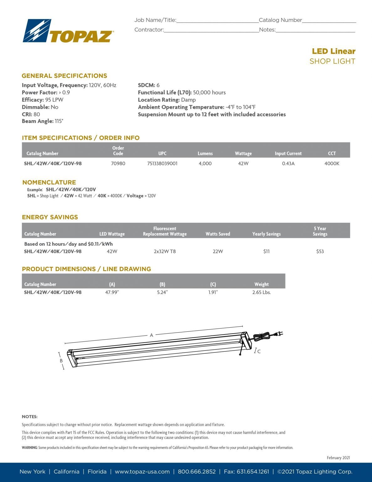 Topaz 70980 SHL/42W/40K/120V-98 – 4' LED Linear Shop Light – 42W 4000 ...