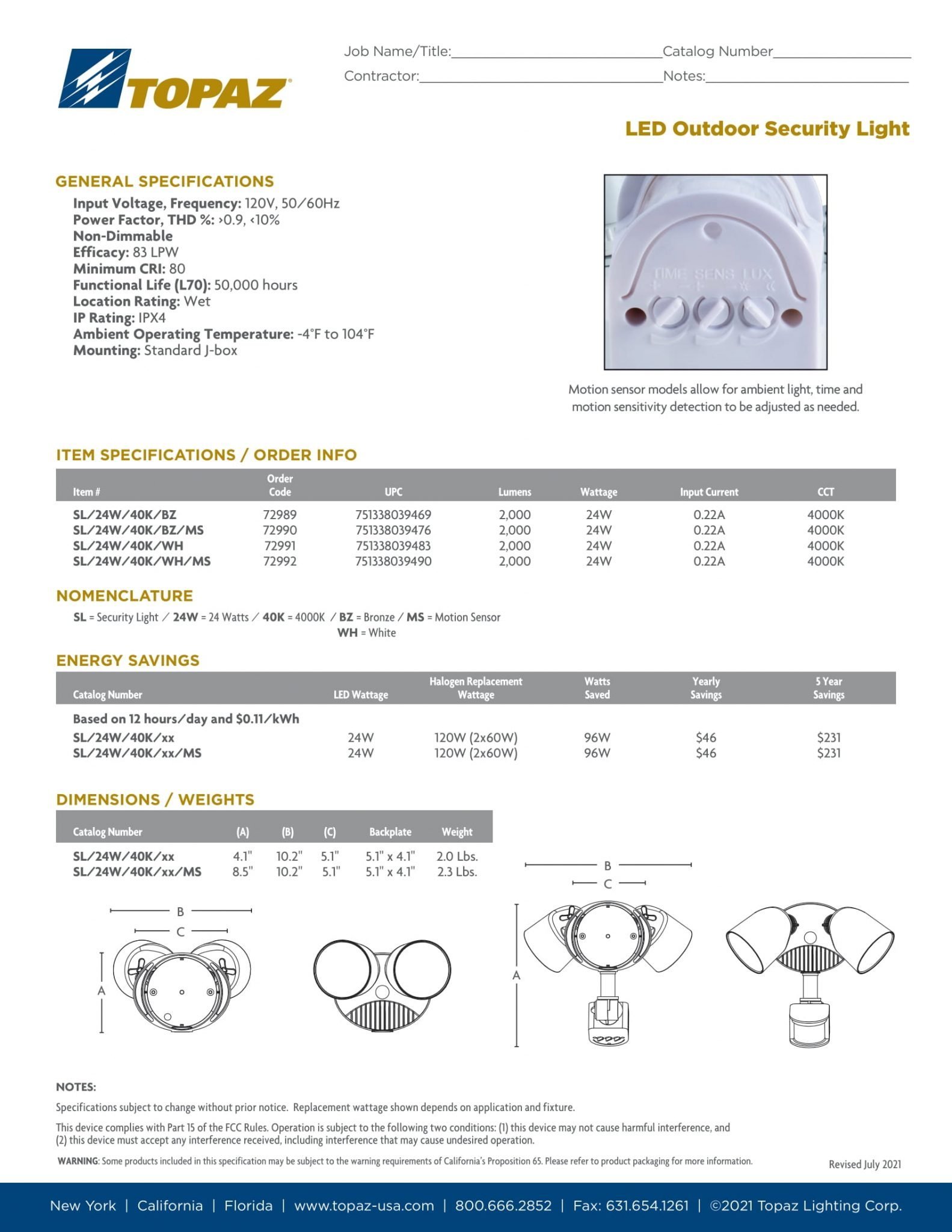 Topaz 72990 SL/24W/40K/BZ/MS - Dual Head LED Security Light w/ Motion ...